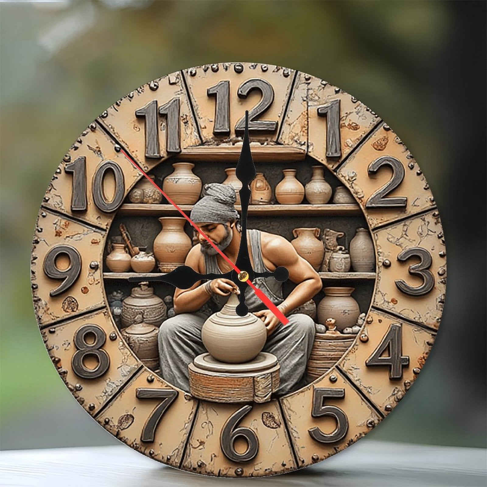 Pottery Wheel Clock Wall Decor Artisan Craftsman 10-Inch Silent Wooden ...