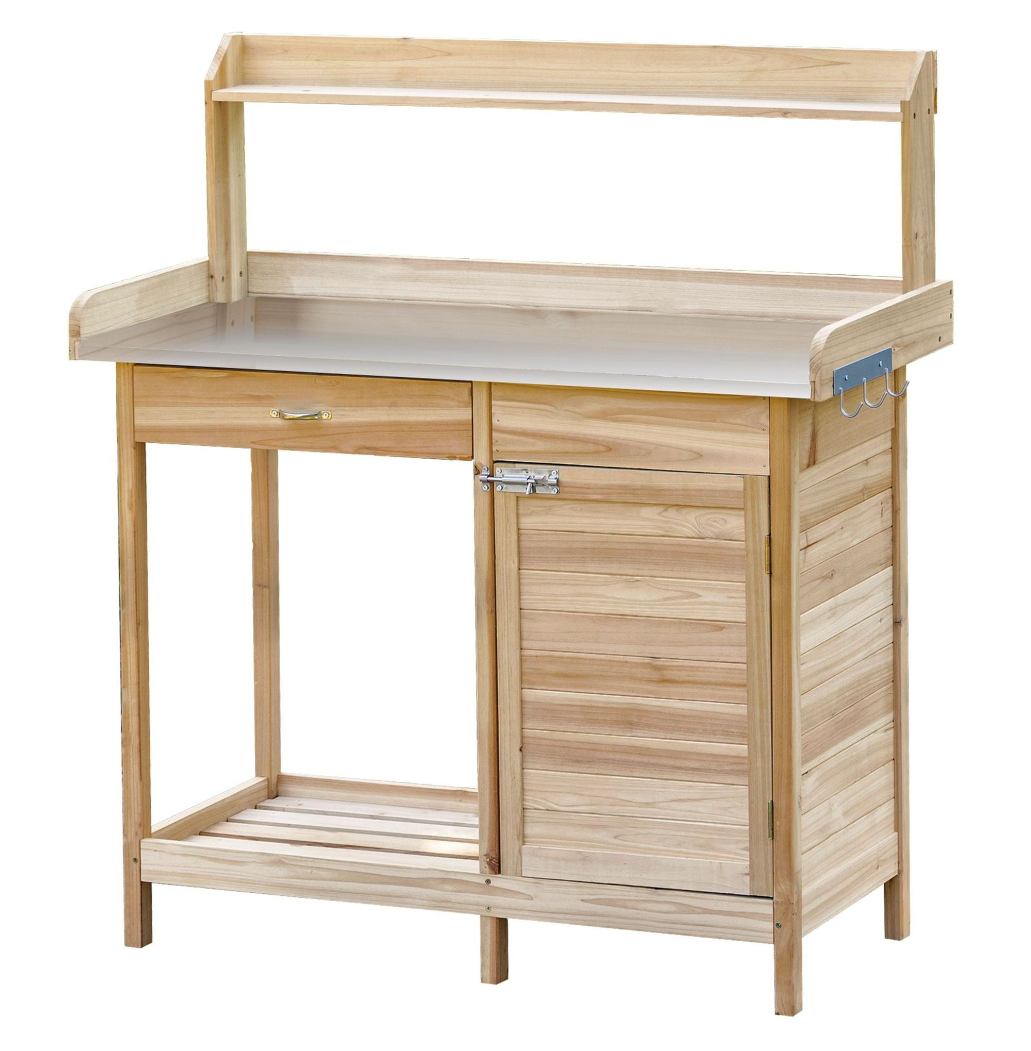 Potting Bench Garden Table Natural Wood Steel Top Outdoor Work Station ...