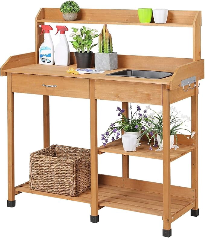 Potting Bench Outdoor Garden Work Bench Station Planting Solid Wood ...