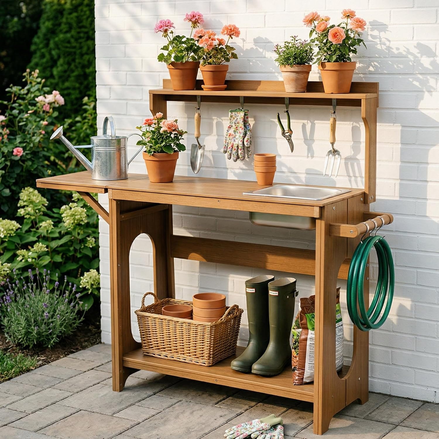 Potting Bench Outdoor with Removable Sink & Foldable Extension, HIPS ...