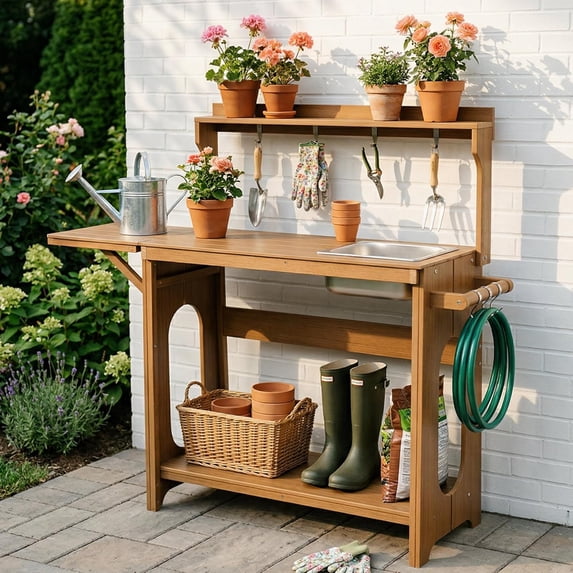 Potting Bench Outdoor with Removable Sink & Foldable Extension, HIPS ...