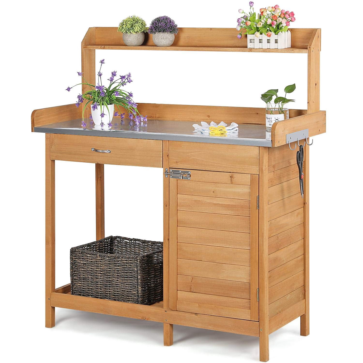 Potting Bench Outdoor Workstation with Cabinet Drawer Top Lower Shelf ...