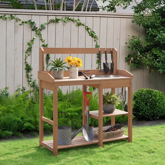 Northbeam Folding Wood Potting Bench with Ample Shelf Space - Brown ...
