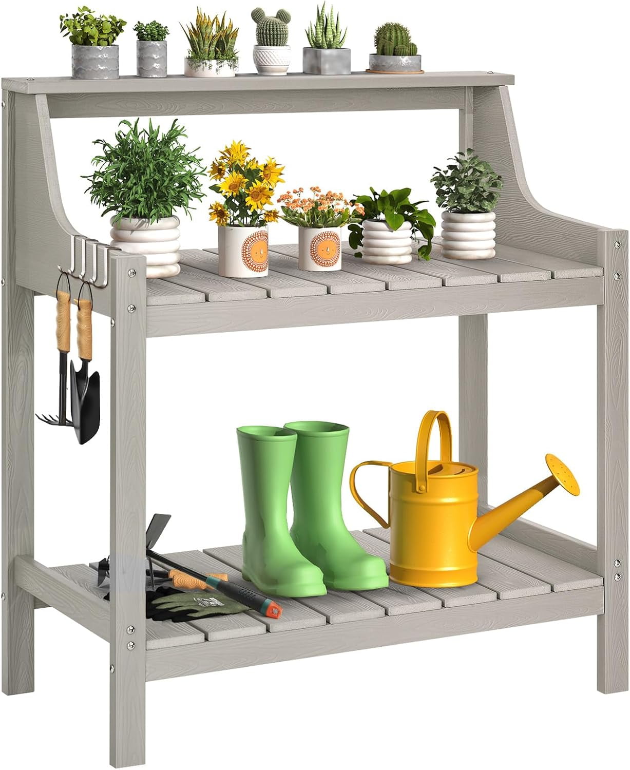 Potting Bench Table, HDPS Potting Bench with 4 Side Hooks, All-Weather ...