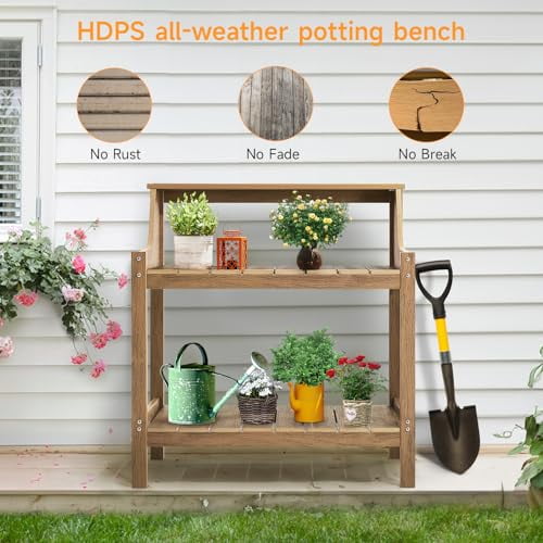 Potting Bench Table, HDPS Potting Bench with 4 Side Hooks, All-Weather ...