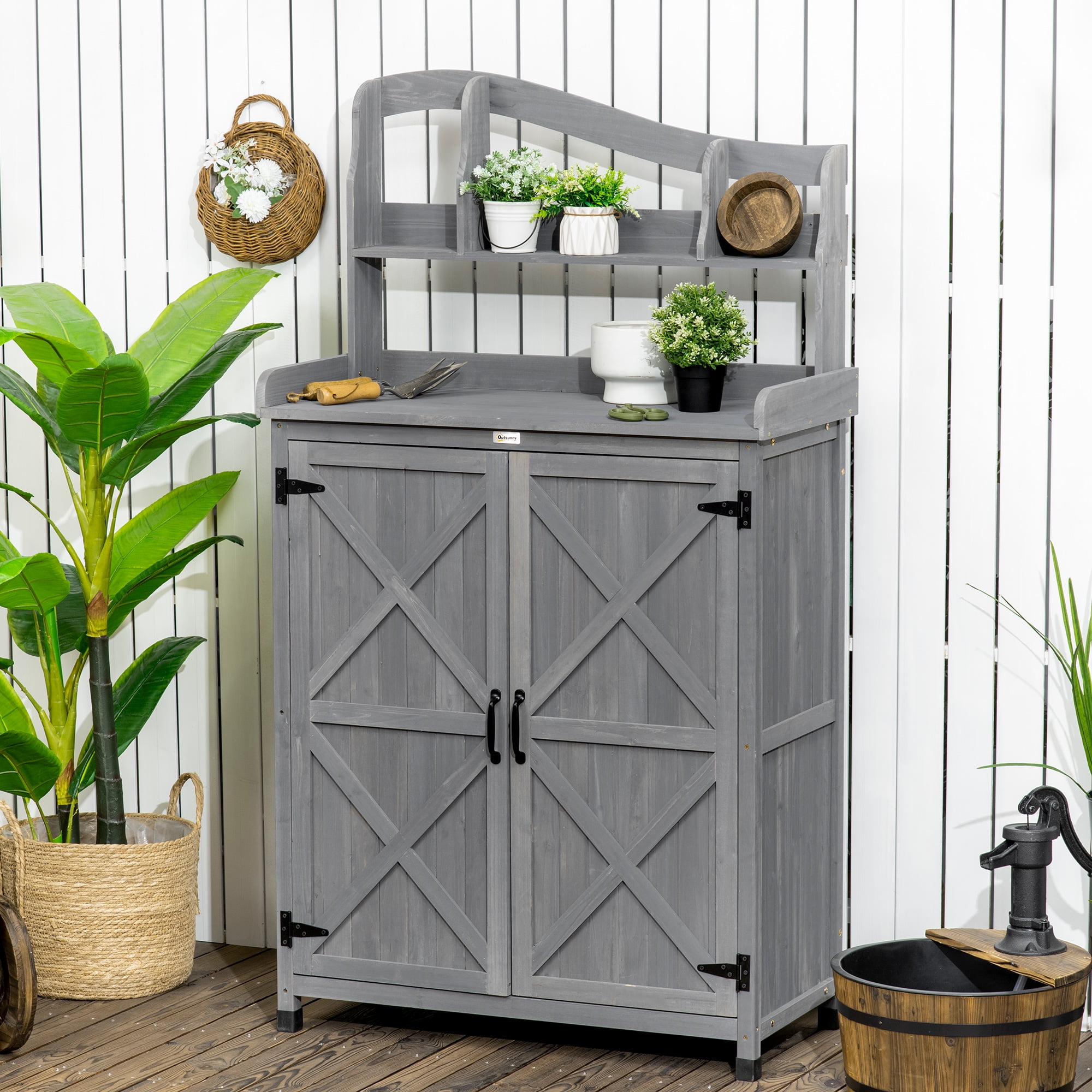 Potting Bench Table, Outdoor Storage Cabinet, Multi-function Gardening ...