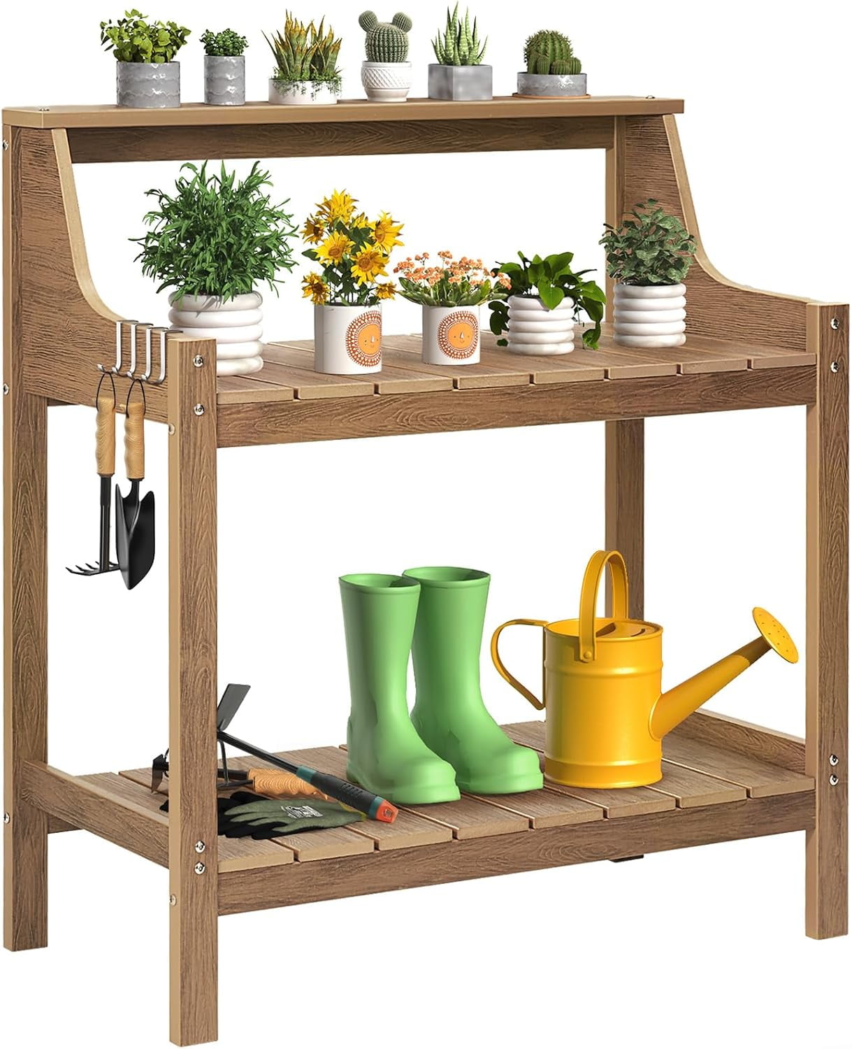 Potting Bench Table, Potting Bench with 4 Side Hooks, All-Weather ...