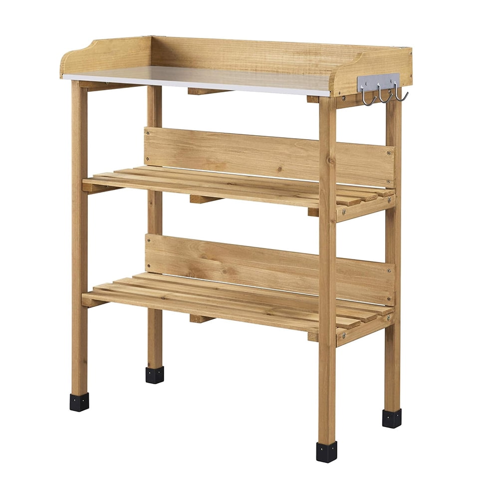 Potting Bench Table with Metal Tabletop for Garden, Fir Wood ...