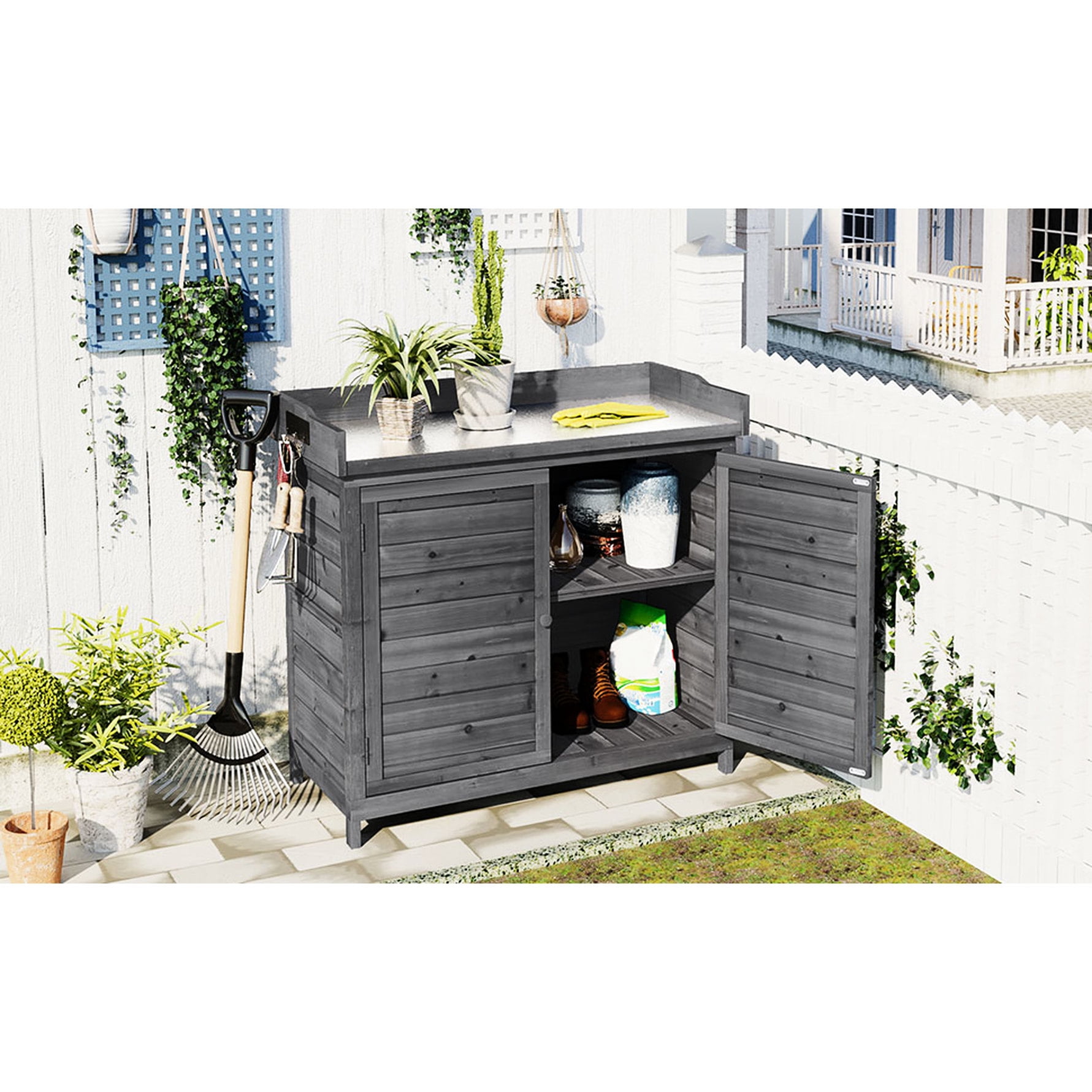 Potting Workstation | Water - proof Galvanized Table | 2 - Tier Shelf ...