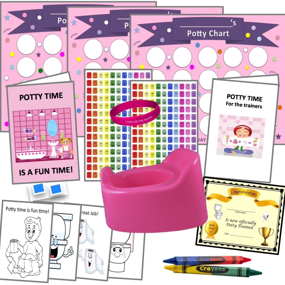 Potty Training (6 wks) 322 Piece System-Kit/Guide-1 Pink Potty, Parent ...