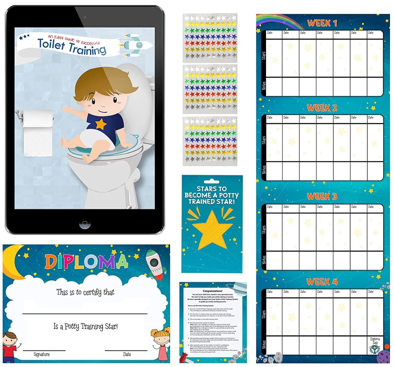 Potty Training Reward Chart with 4 Weekly Charts, 1 Diploma, 210 ...