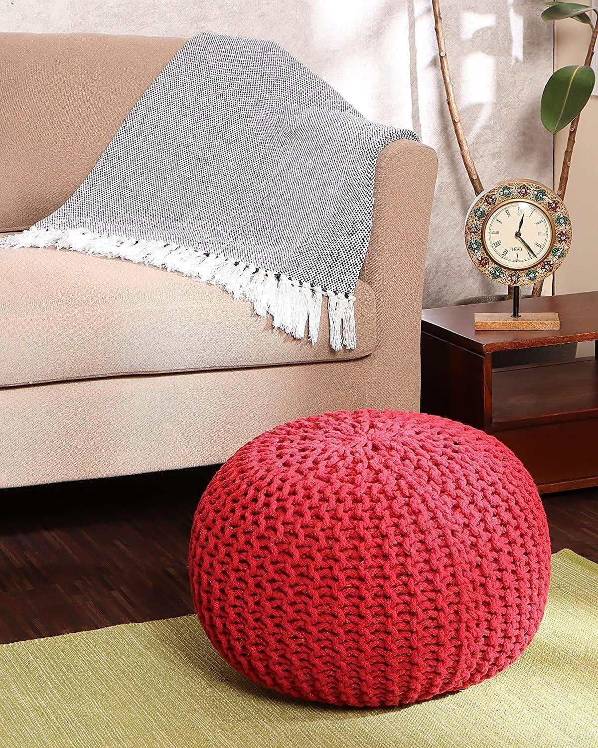 Pouf Hand Knitted Cotton Braid Cord Cable Ottoman - Foot Stool - Accent ...
