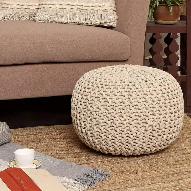 Pouf Hand Knitted Cotton Braid Cord Cable Ottoman - Foot Stool - Accent ...