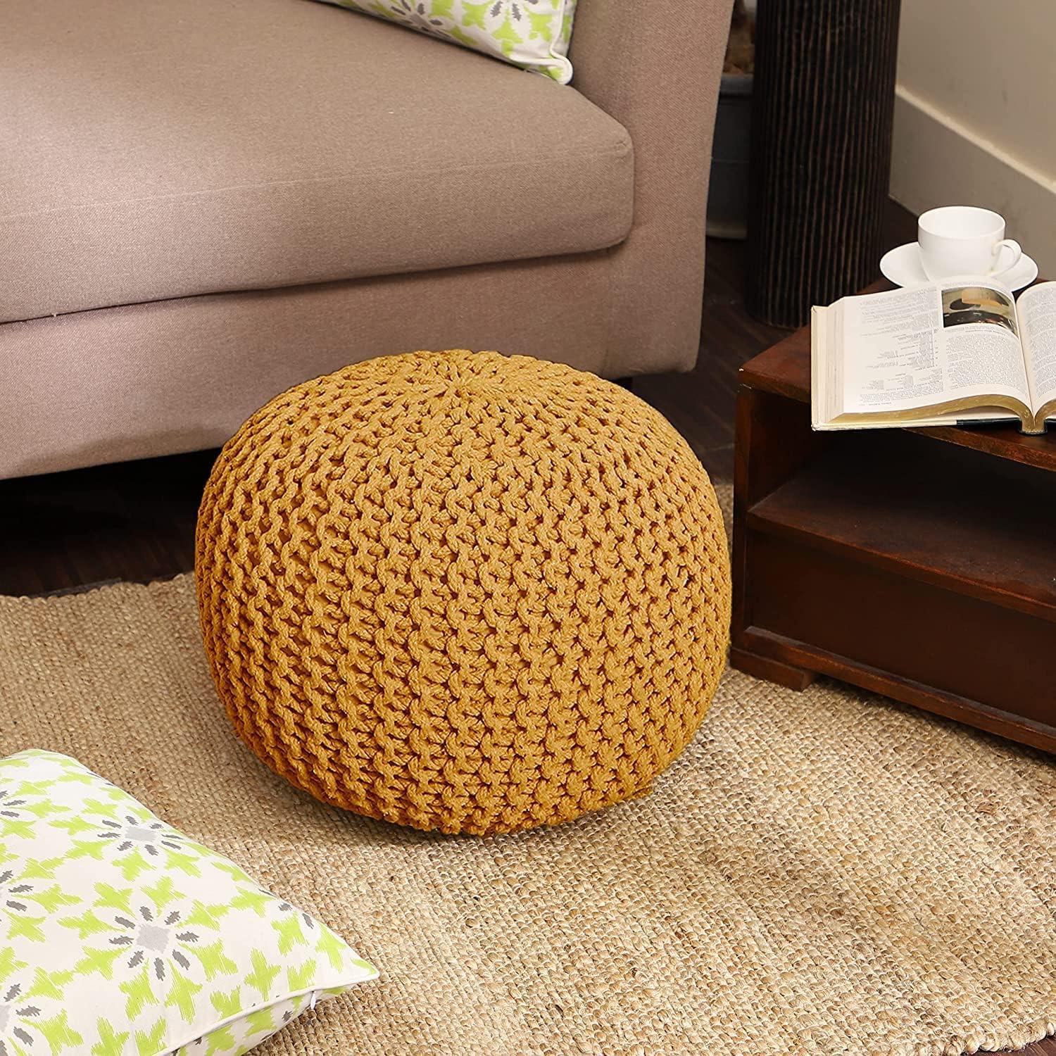 Pouf Hand Knitted Cotton Braid Cord Cable Ottoman - Foot Stool - Accent ...