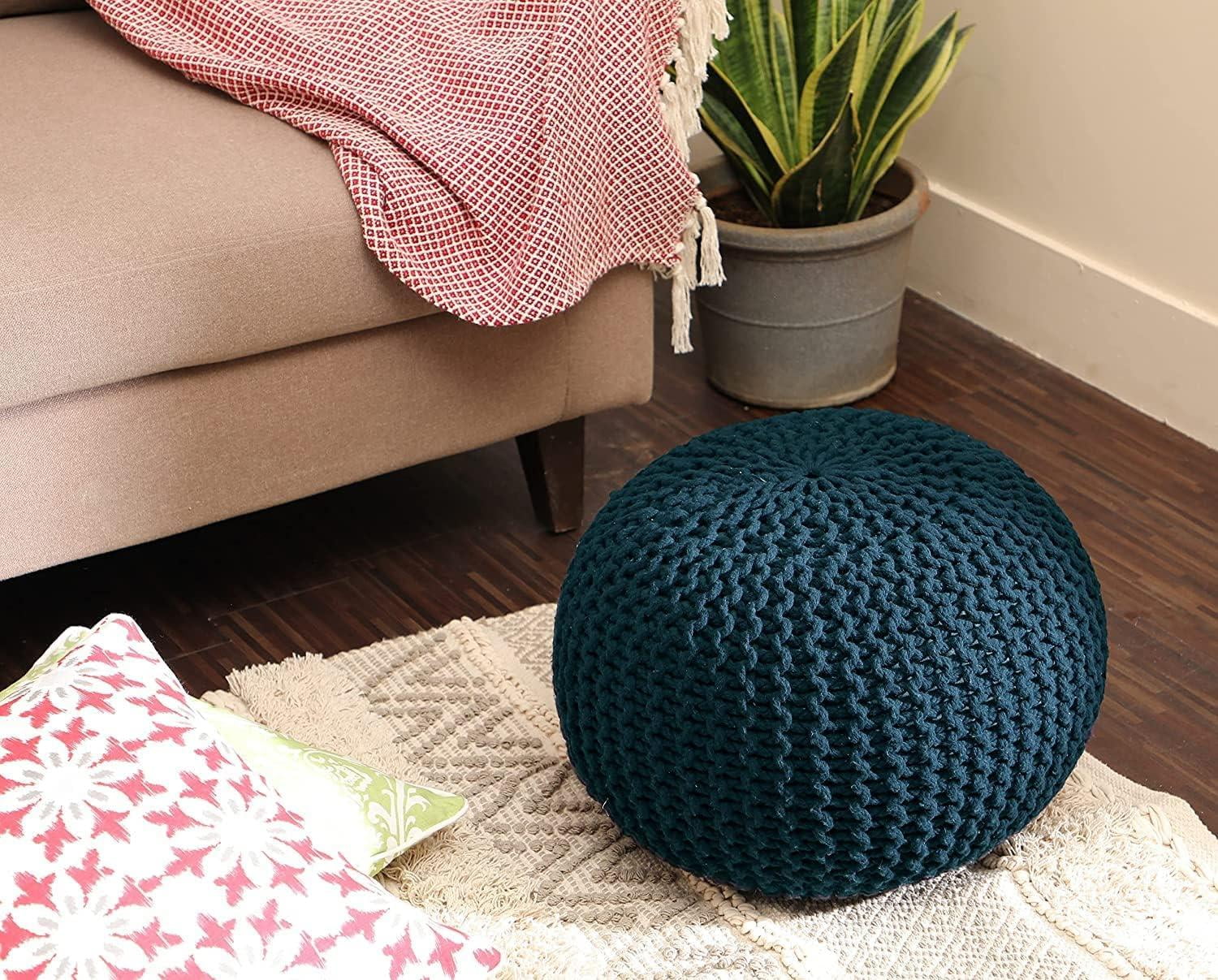 Pouf Hand Knitted Cotton Braid Cord Cable Ottoman - Foot Stool - Accent ...