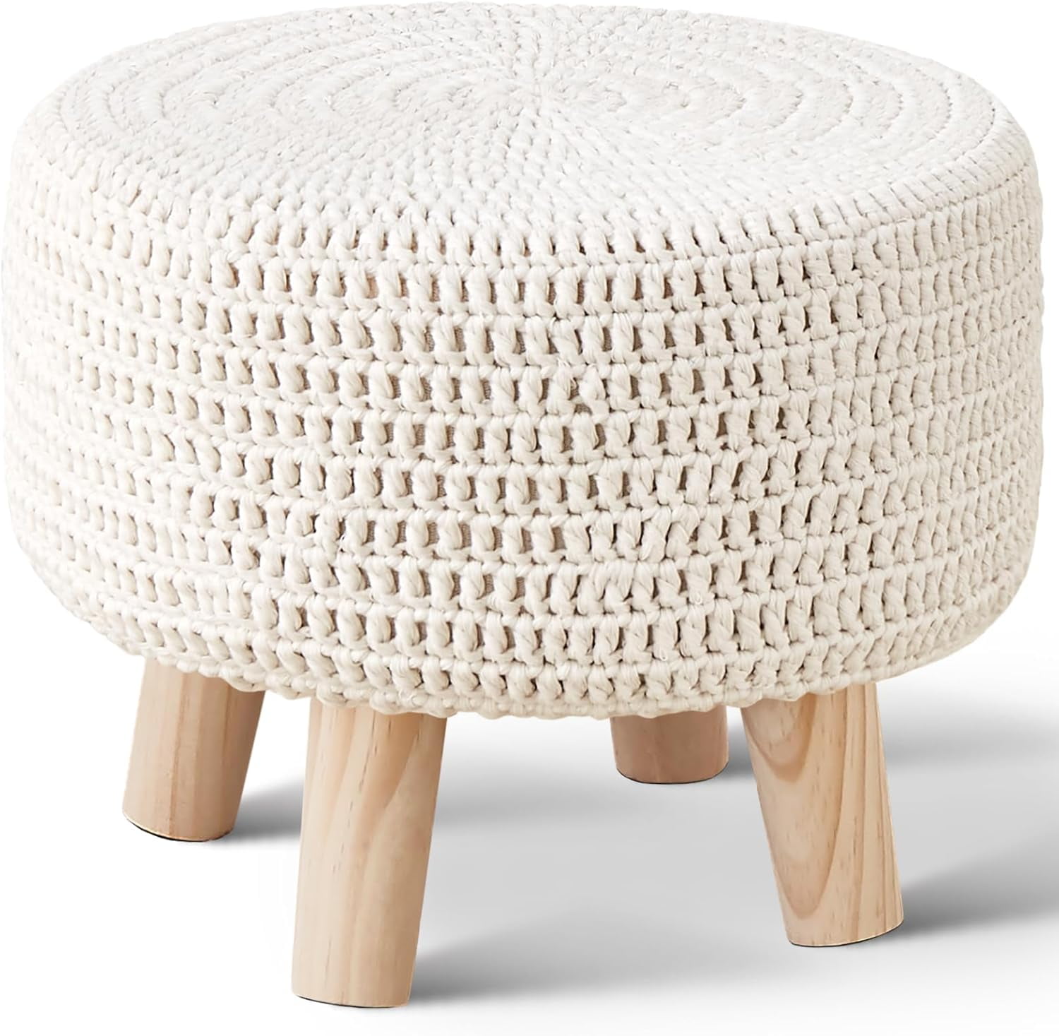 100% Cotton Knitted Boho Footstool, Round Footrest with Non-Skid Wood ...