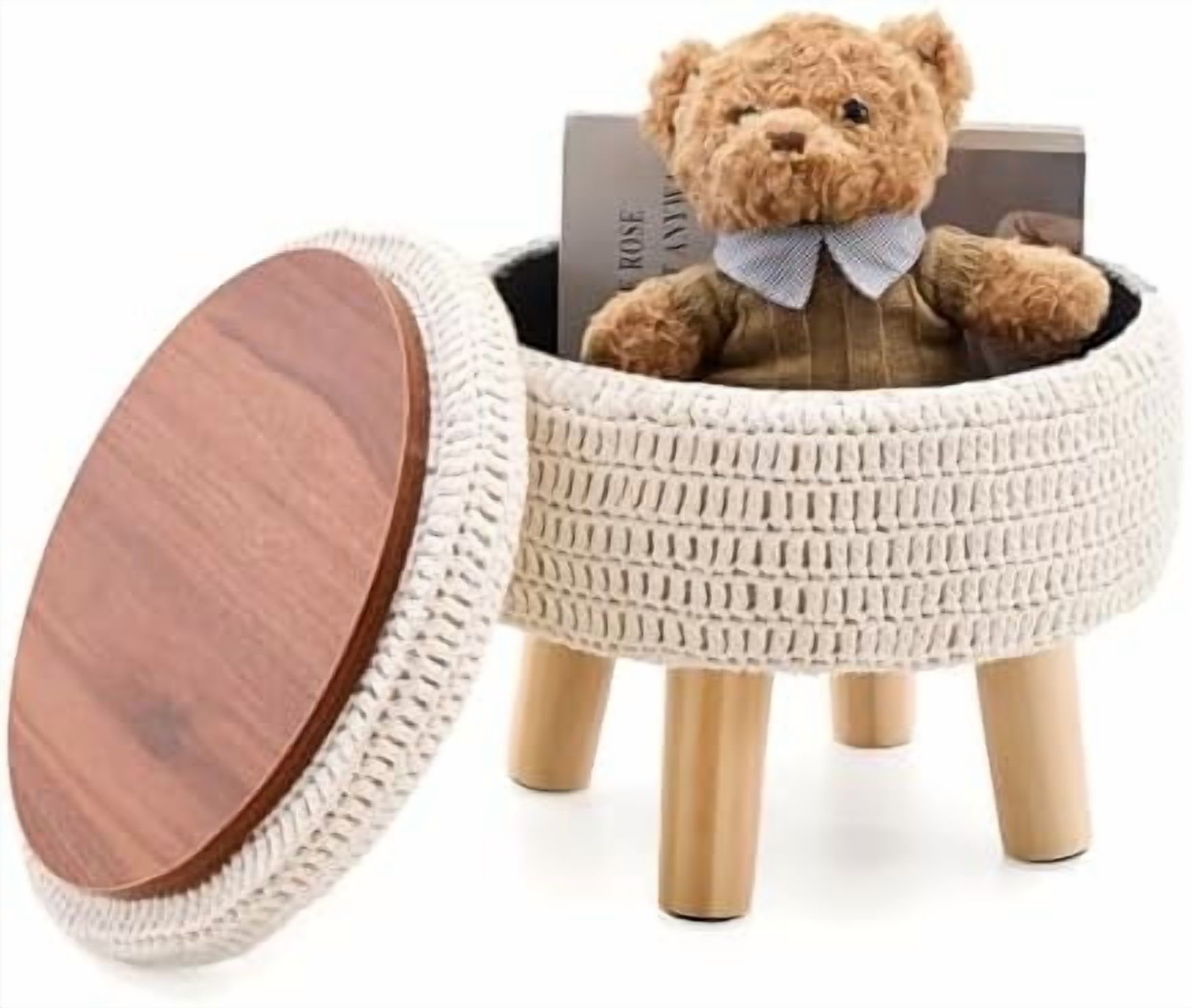 Pouf Ottoman, 100% Cotton Knitted Boho Footstool, Round Footrest with ...