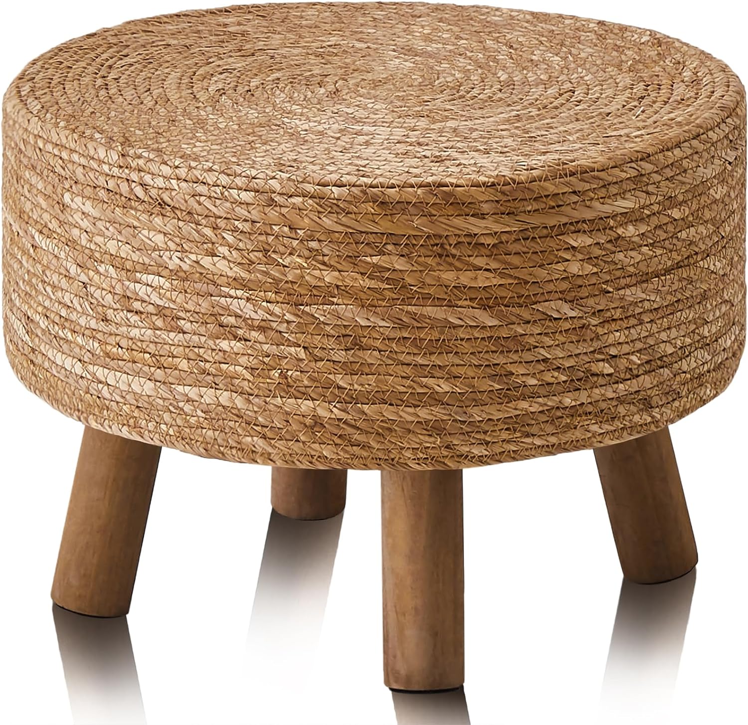 Pouf Ottoman, Round Footstool with 4 Wood Leg, Handmade Bohomia Natural ...