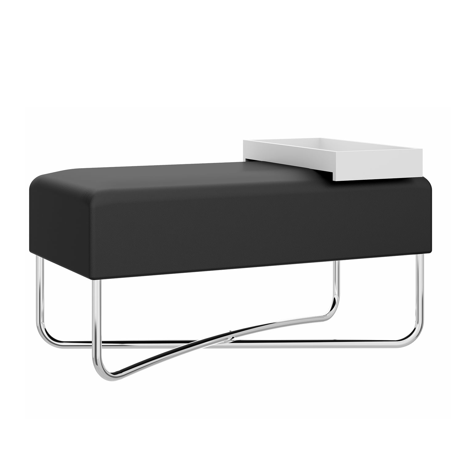 Pouffe with Rectangular Fabric Seat and Inbuilt Wooden Tray, Black and ...