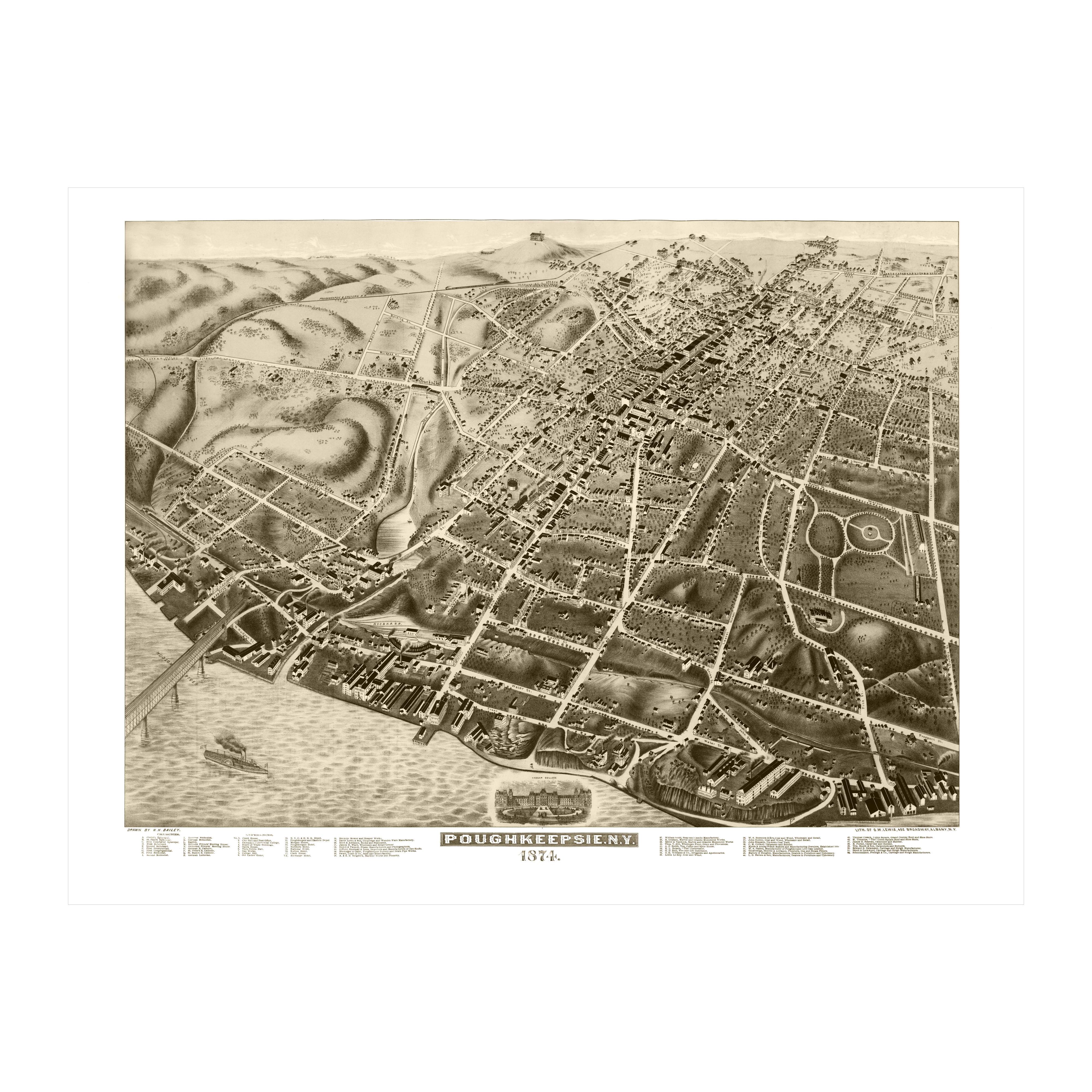 Poughkeepsie Art, 1874 Vintage Map of Poughkeepsie New York, NY History ...