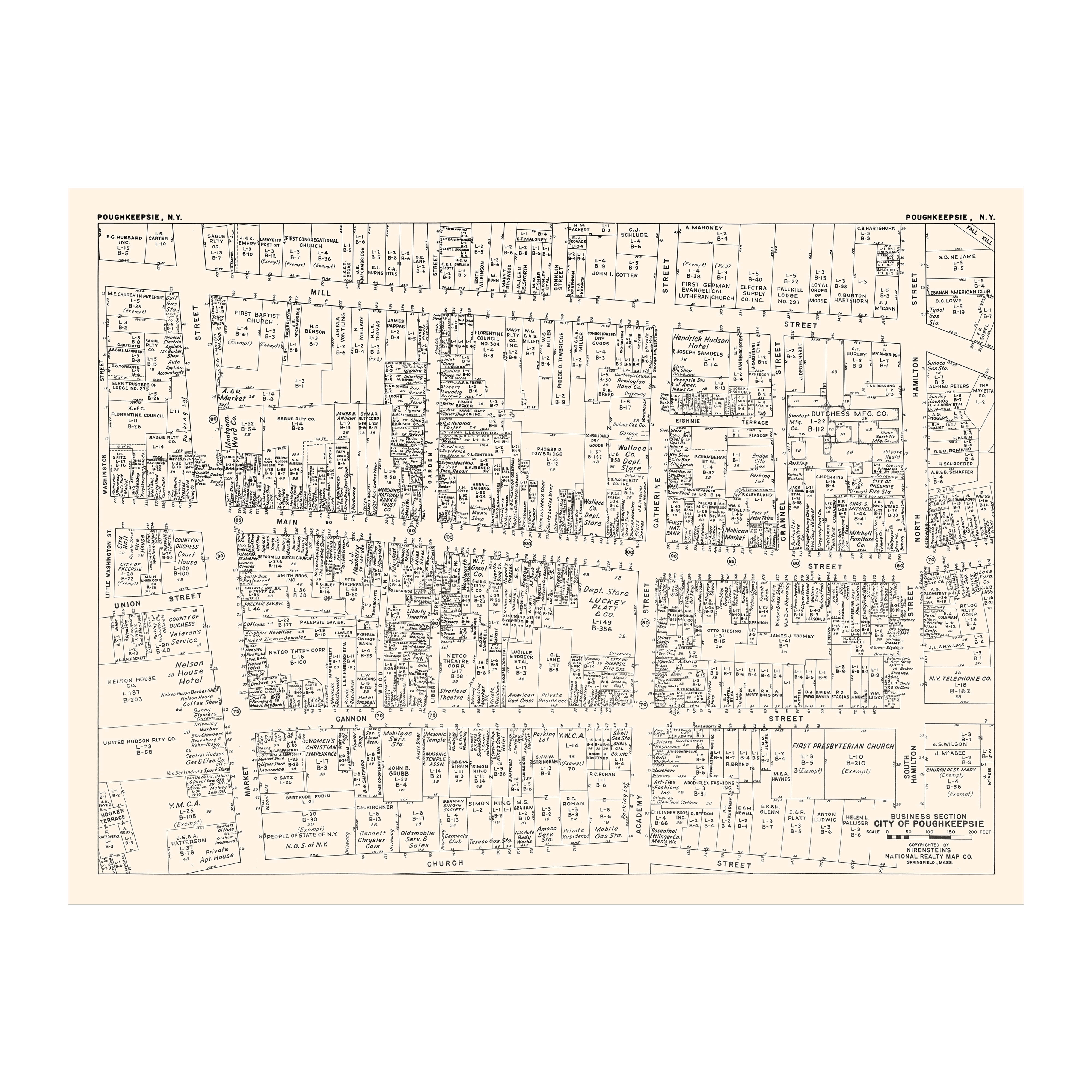 Poughkeepsie Art, 1947 Vintage Map of Downtown Poughkeepsie New York ...