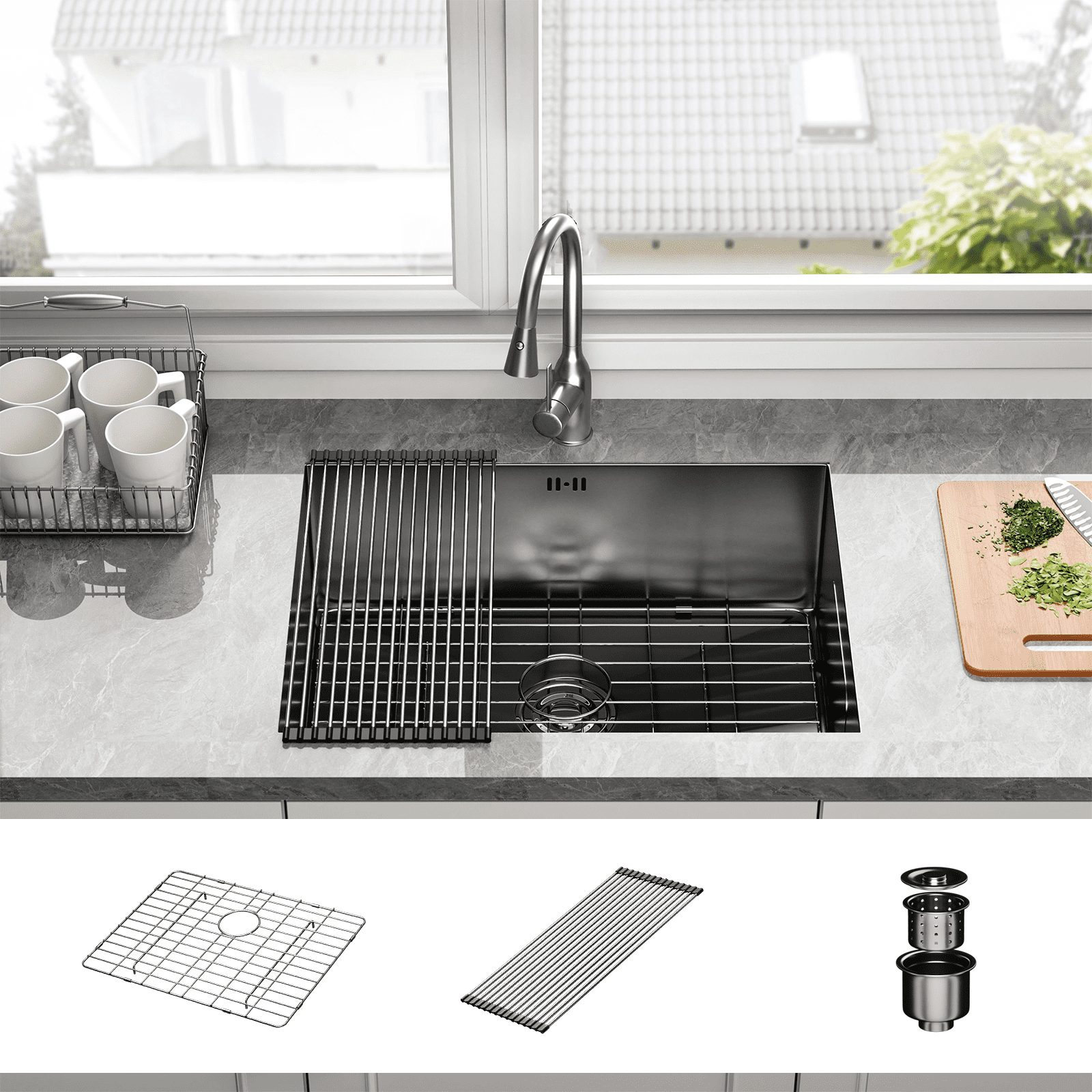 Poukaran 24 Inch Undermount Kitchen Sink 24"x18"x9" 18 Gauge Nano Black ...