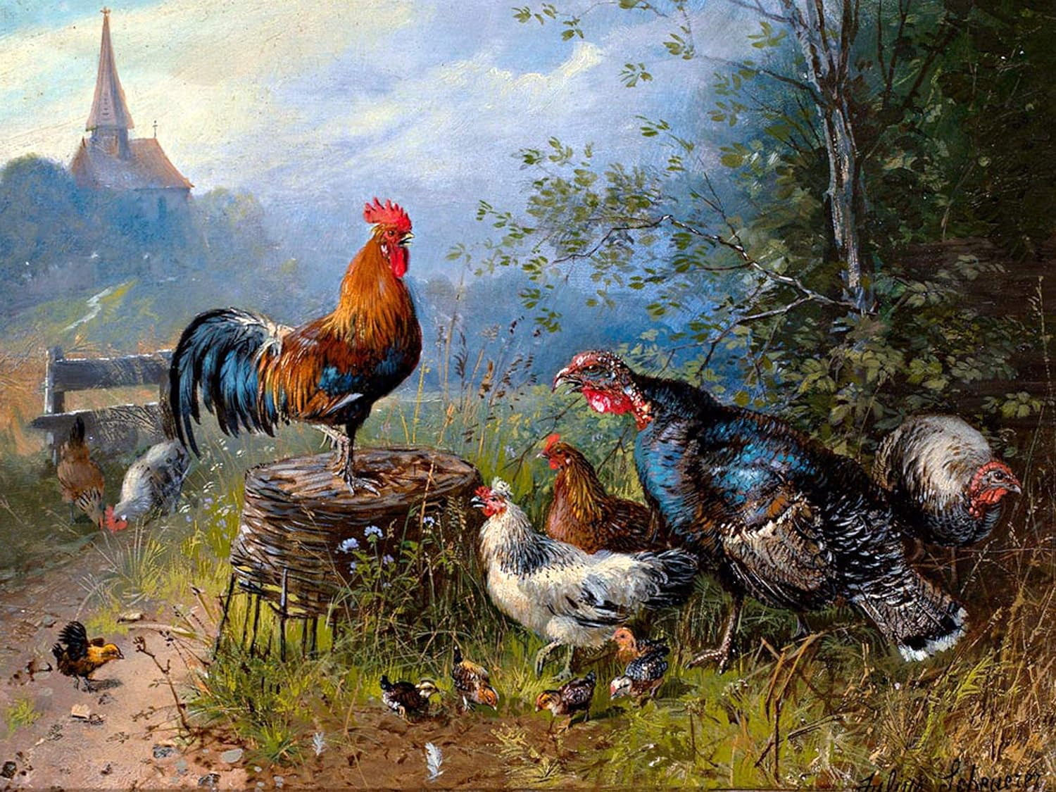 Poultry Farm Rooster Turkey Chickens By Julius Scheuerer Accent Tile ...
