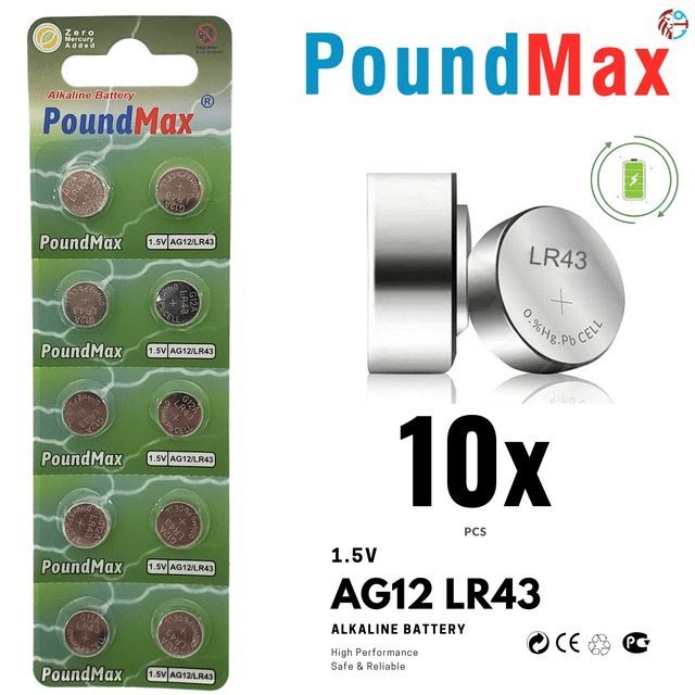 PoundMax AG12 LR43 Batteries 1.5v Alkaline Button Cell Battery - 10 ...