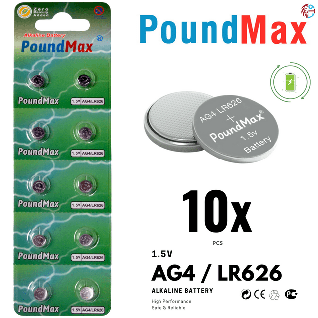 PoundMax AG4 LR626 Batteries 1.5v Alkaline Button Cell Battery - 10 ...