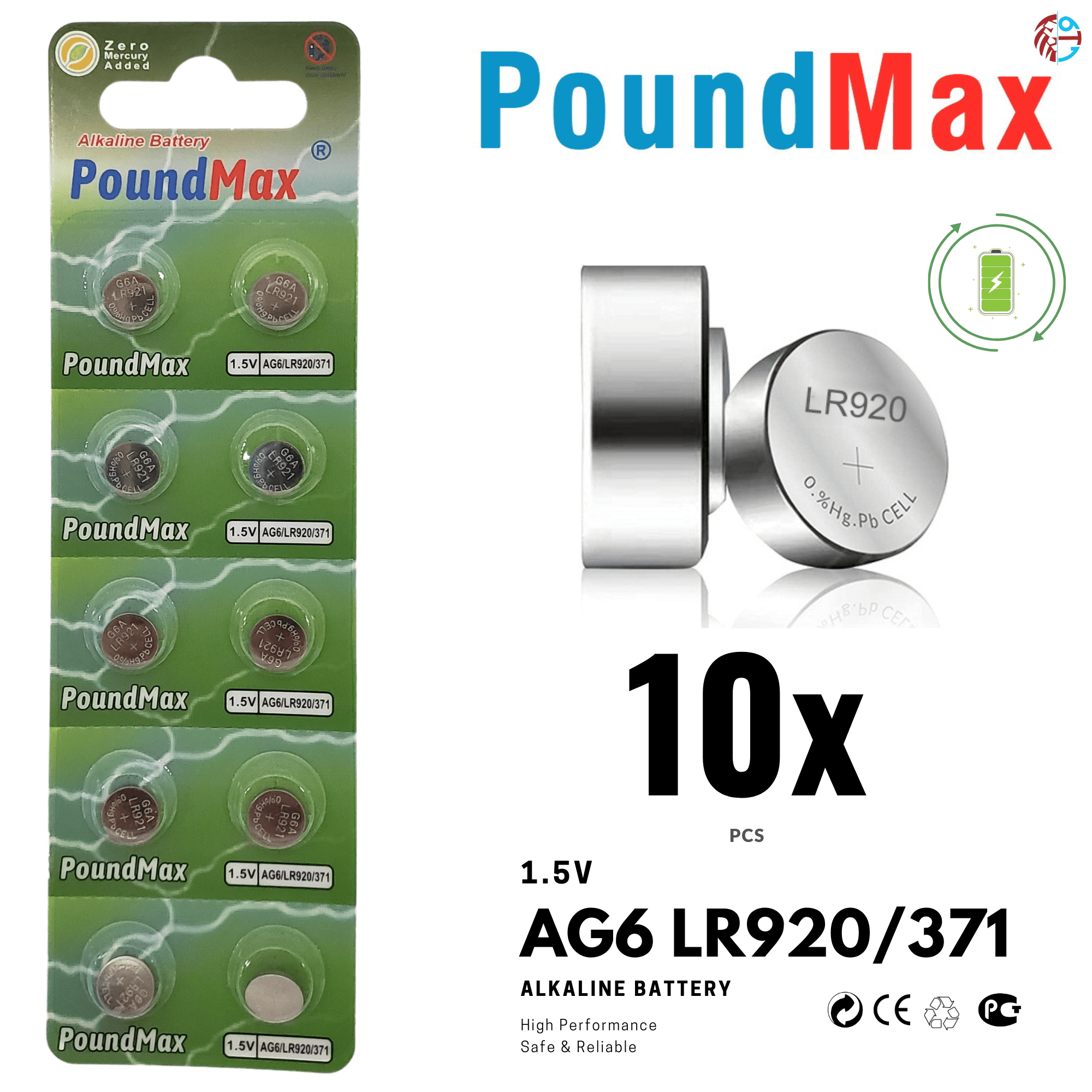 PoundMax AG6 LR920/371 Batteries 1.5v Alkaline Button Cell Battery - 10 ...