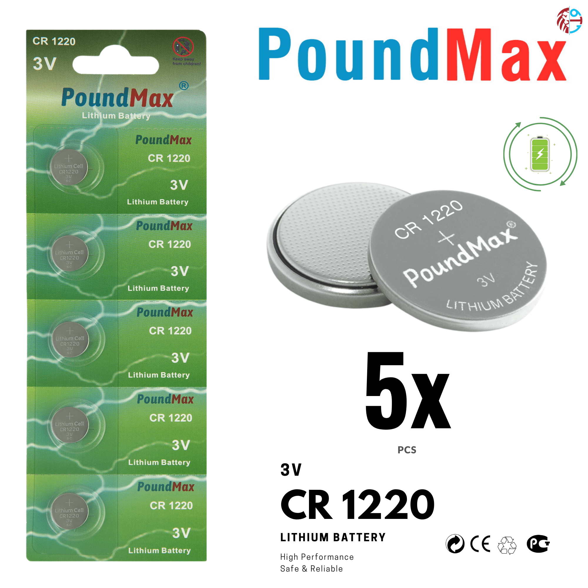 PoundMax CR 1220 Batteries 3v Lithium Button Cell Battery Combo Pack ...
