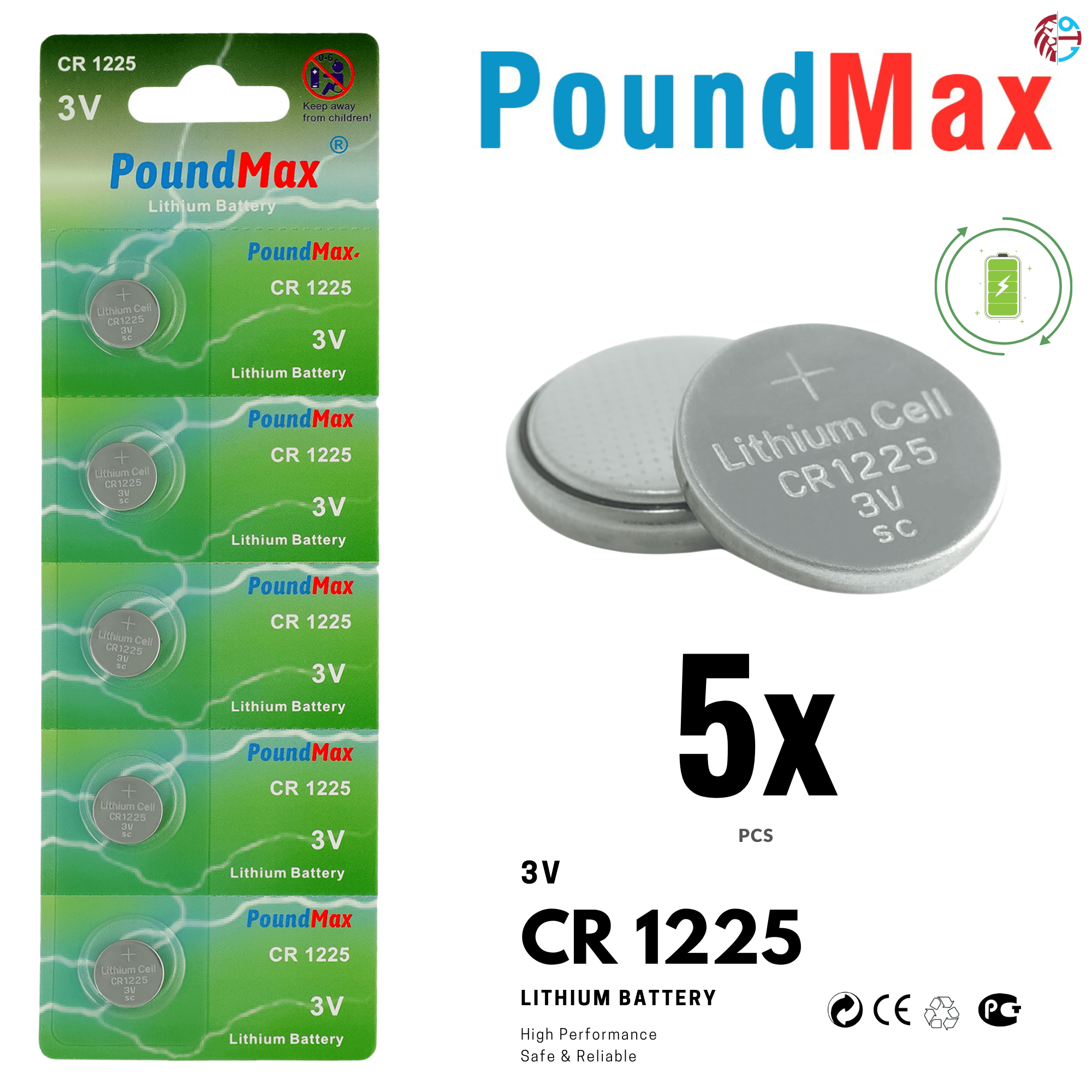 PoundMax CR 1225 Batteries 3v Lithium Button Cell Battery Combo Pack ...