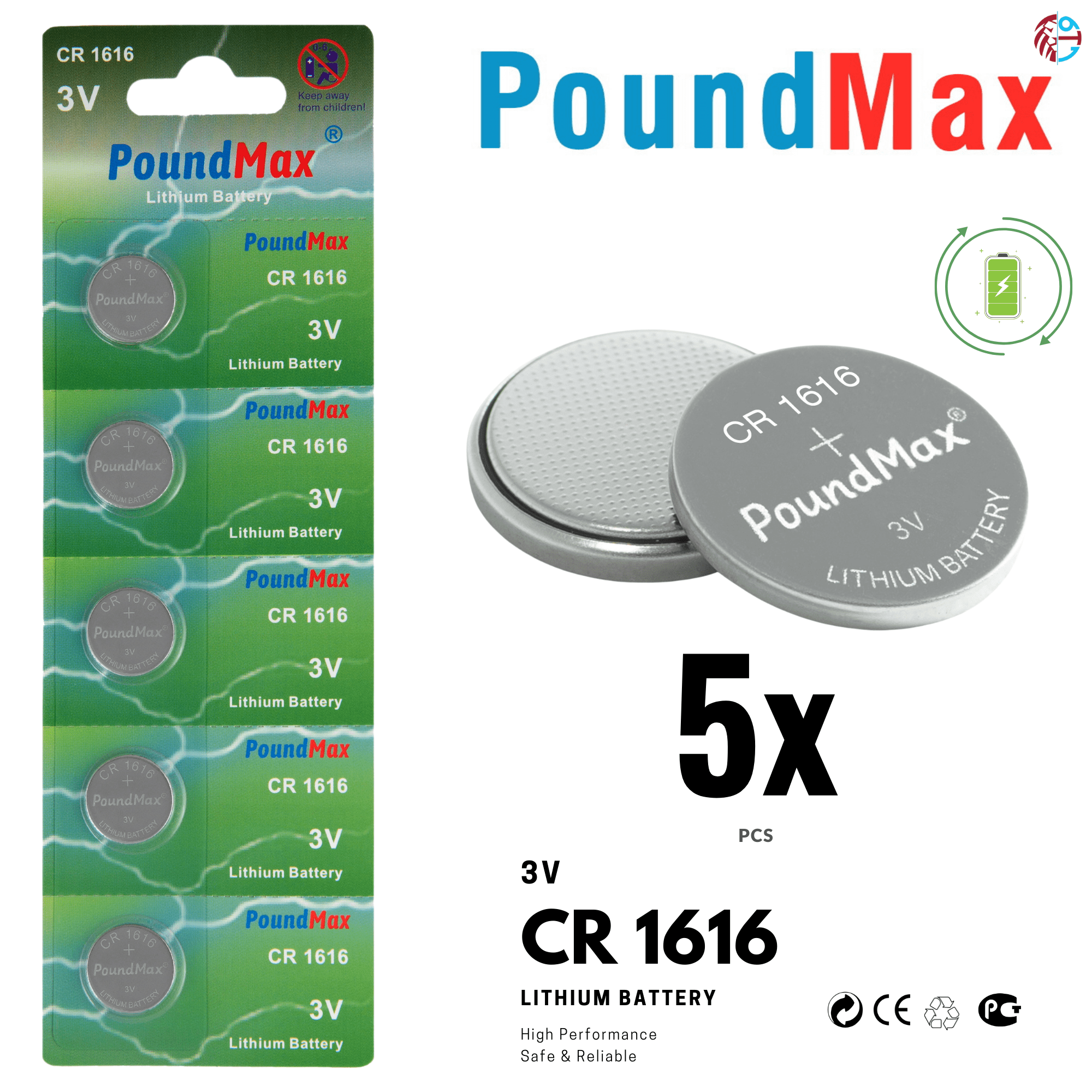 PoundMax CR 1616 Batteries 3v Lithium Button Cell Battery Combo Pack - 5 Count - Walmart.com