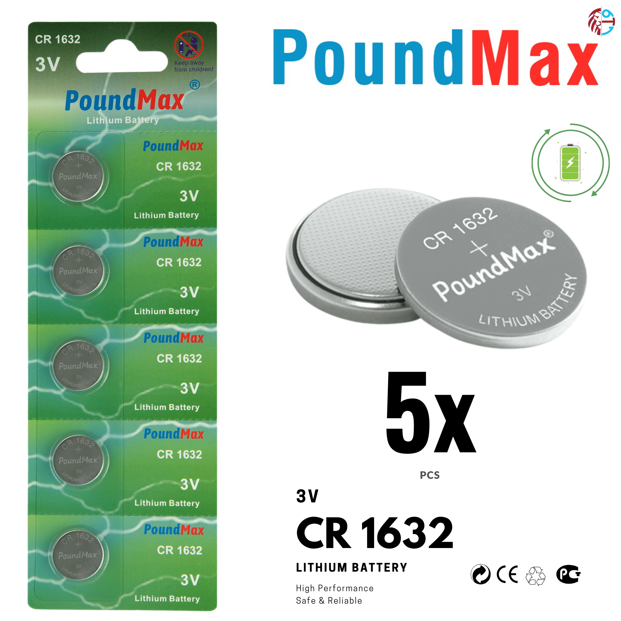 PoundMax CR 1632 Batteries 3v Lithium Button Cell Battery Combo Pack ...