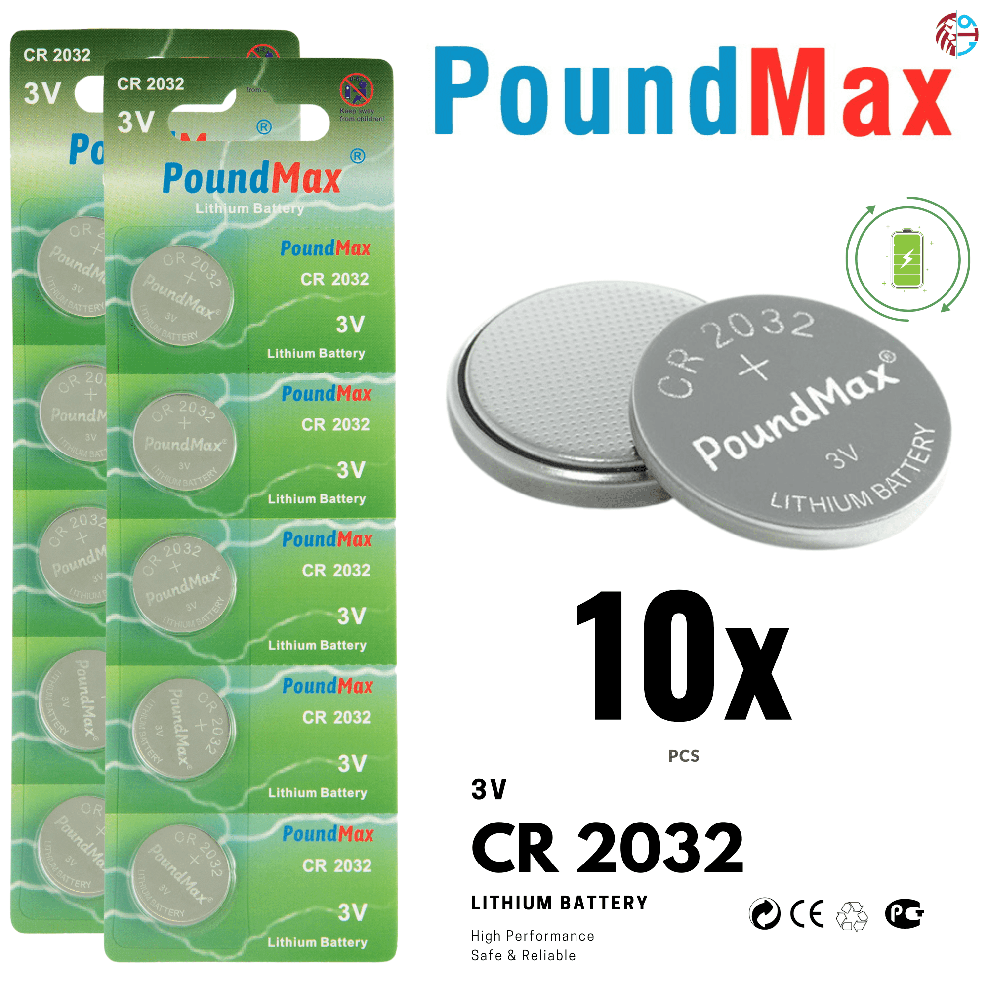 PoundMax CR 2032 Batteries 3v Lithium Coin Cell Battery Combo Pack - 10 ...