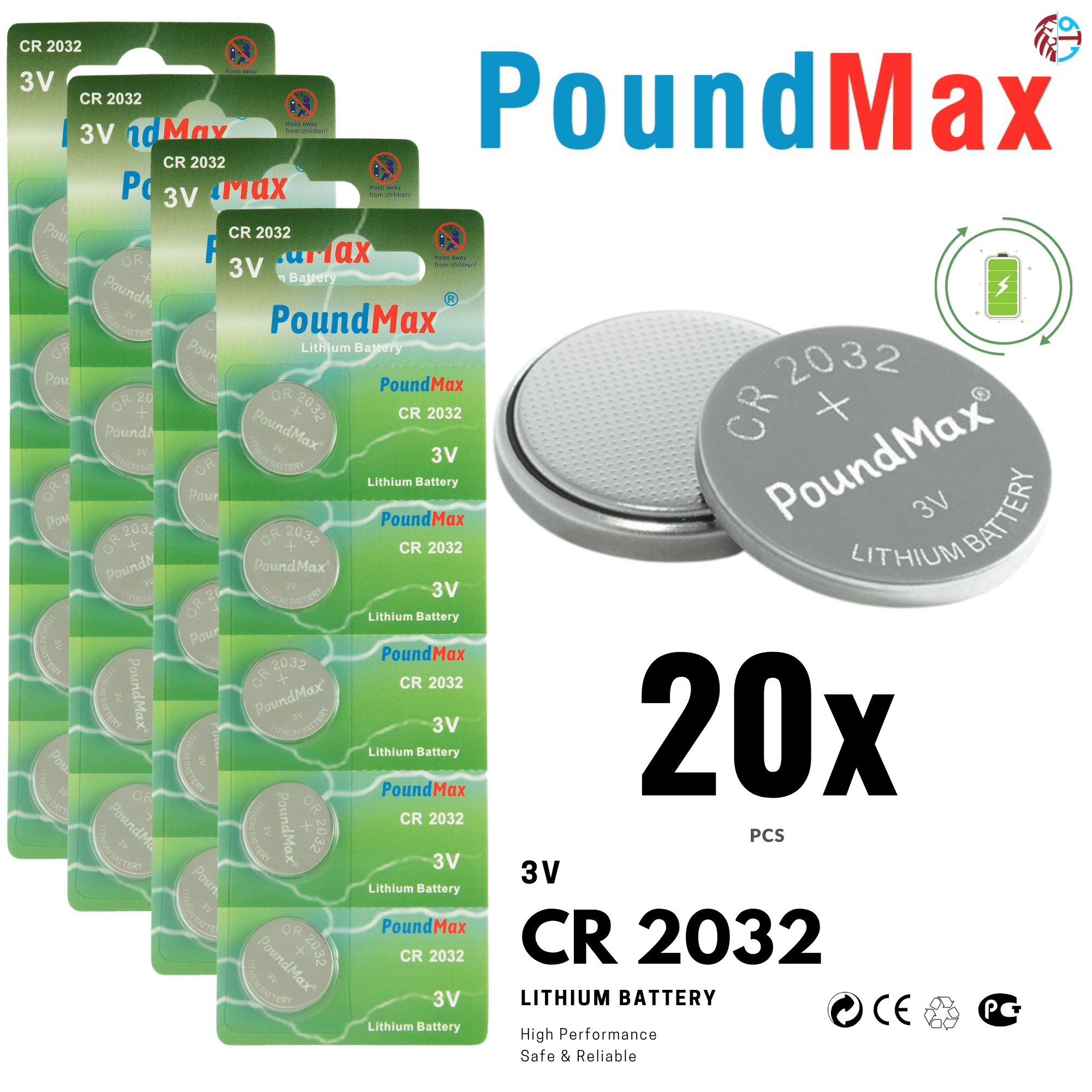 PoundMax CR 2032 Batteries 3v Lithium Coin Cell Battery Combo Pack - 20 ...