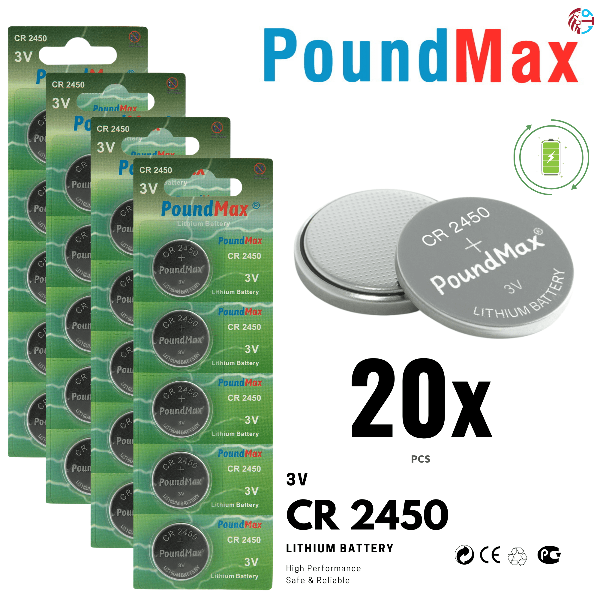 PoundMax CR 2450 Batteries 3v Lithium Button Cell Battery Combo Pack ...