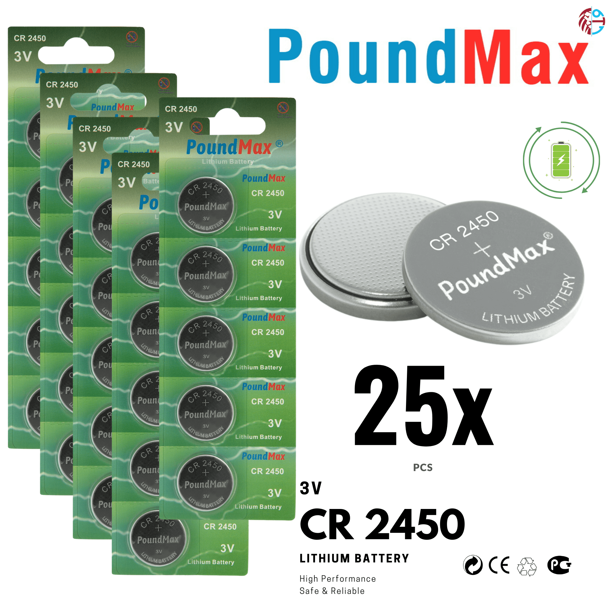 PoundMax CR 2450 Batteries 3v Lithium Button Cell Battery Combo Pack ...
