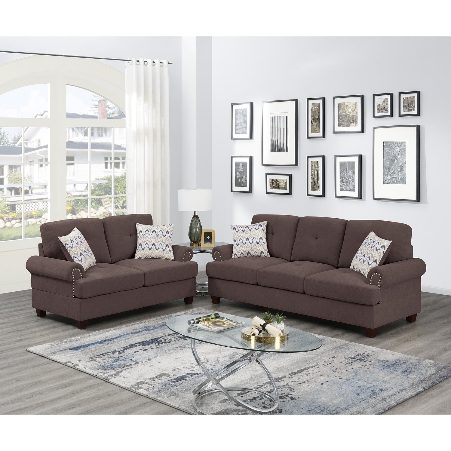 Poundex 2 Piece Chenille Sofa and Loveseat Set with Nailhead Trim in ...