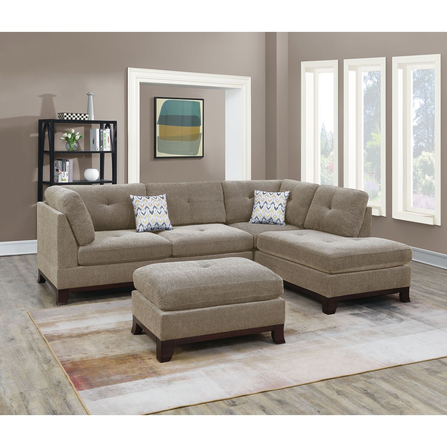 Padded Suede All In One Sectional With Ottoman And 2 Pillows In Choco ...