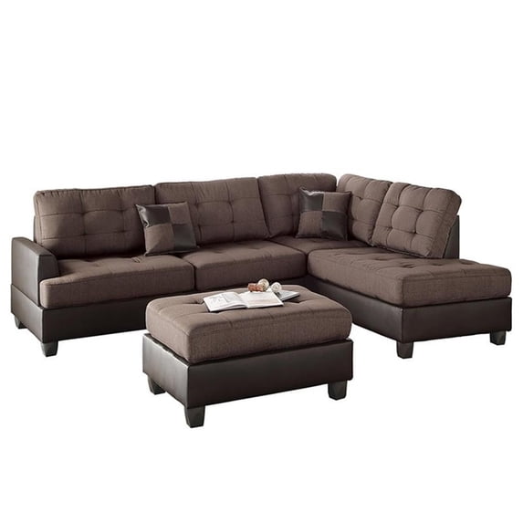 Poundex 3 Piece Fabric Sectional Sofa Set with Ottoman in Chocolate ...