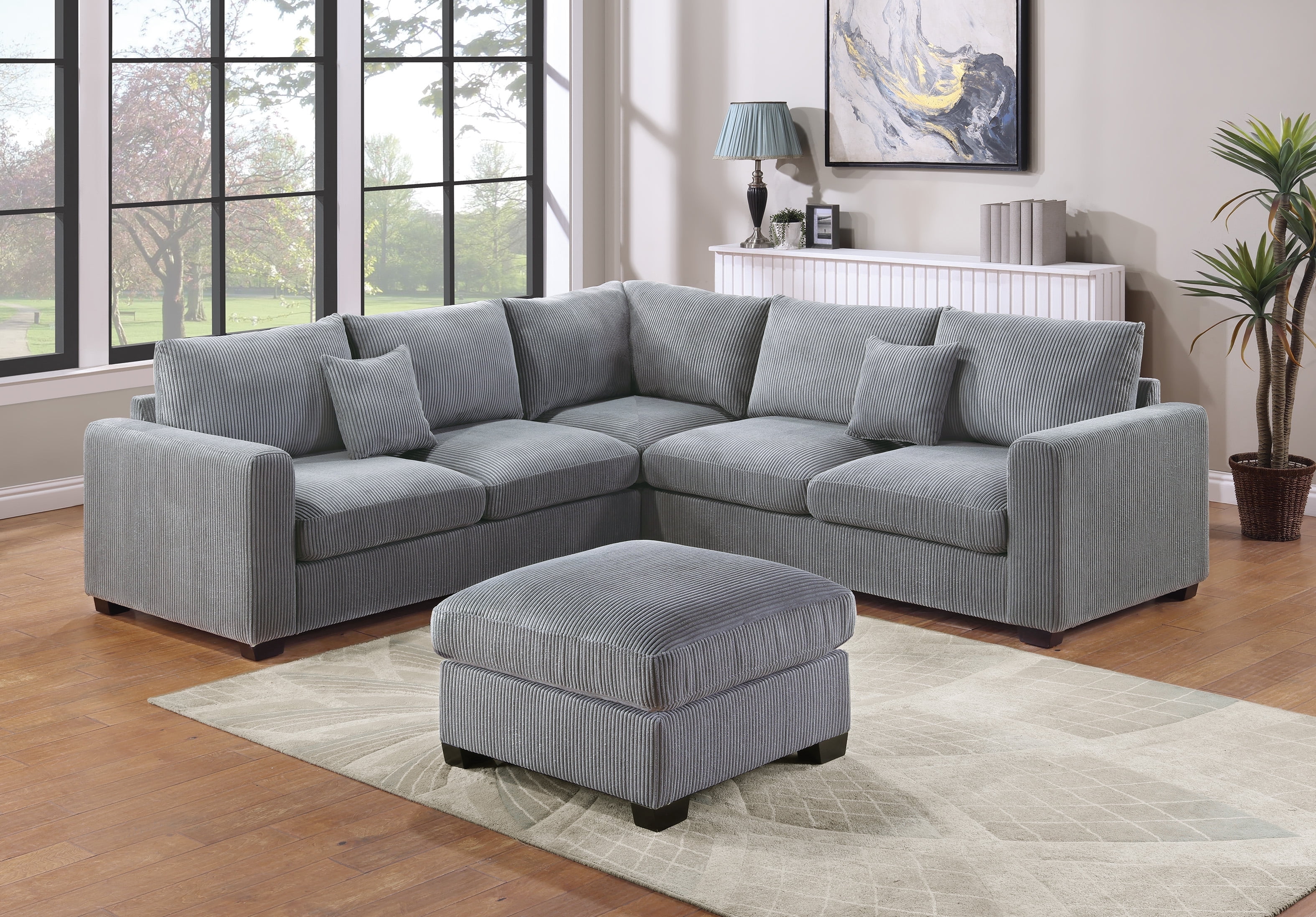 Poundex 4 Piece Sectional Sofa Set in Gray with Corduroy Sofa and ...