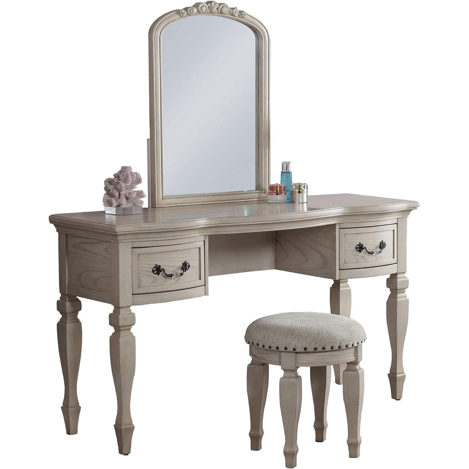 Poundex Antique Stool and Mirror Vanity Set, White - Walmart.com