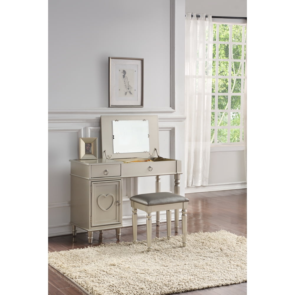 Poundex F4178 Bobkona Alice Flip up Mirror Vanity Set, Silver - Walmart.com