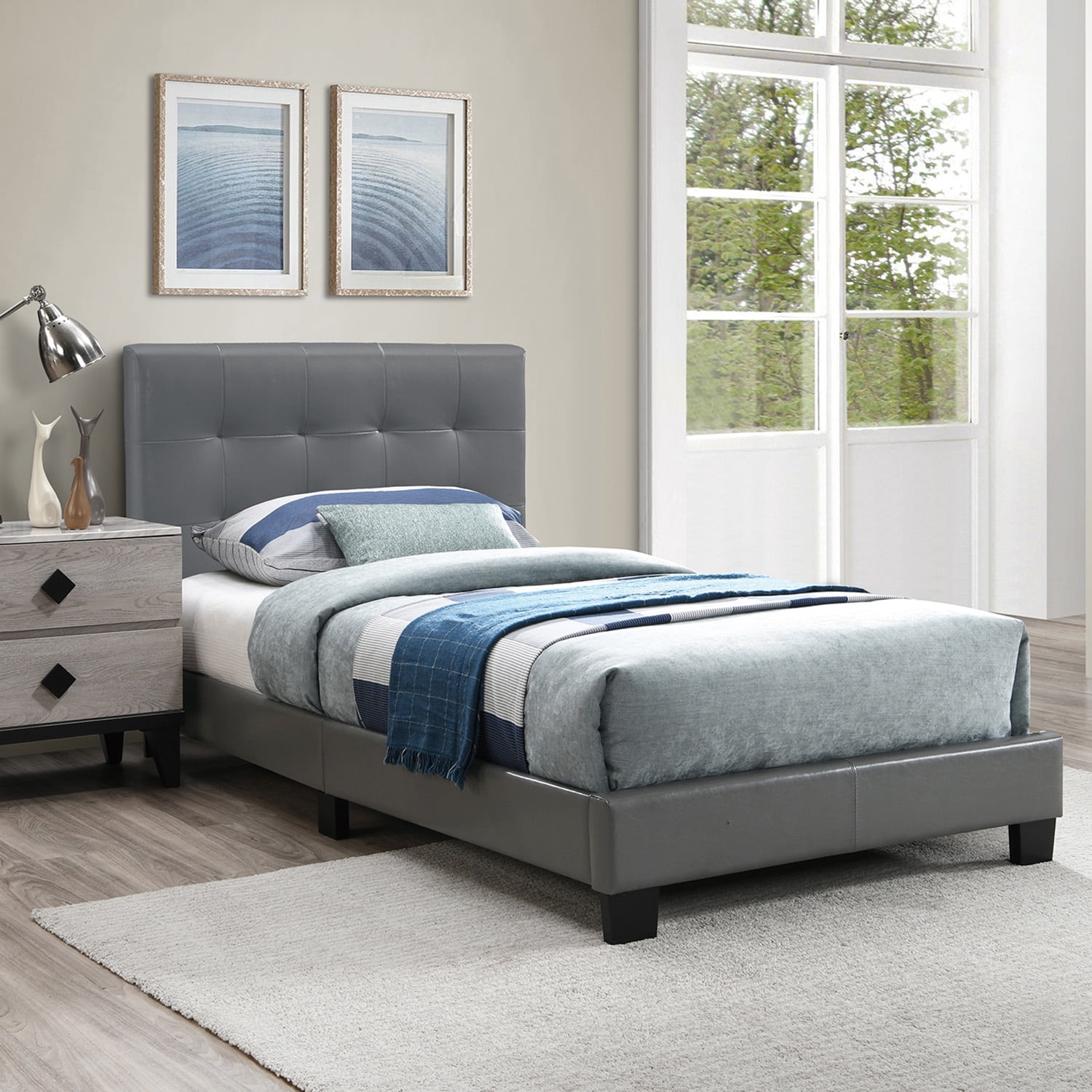 Poundex Modern Upholstered Bed Frame - Gray Faux Leather, Twin Size ...