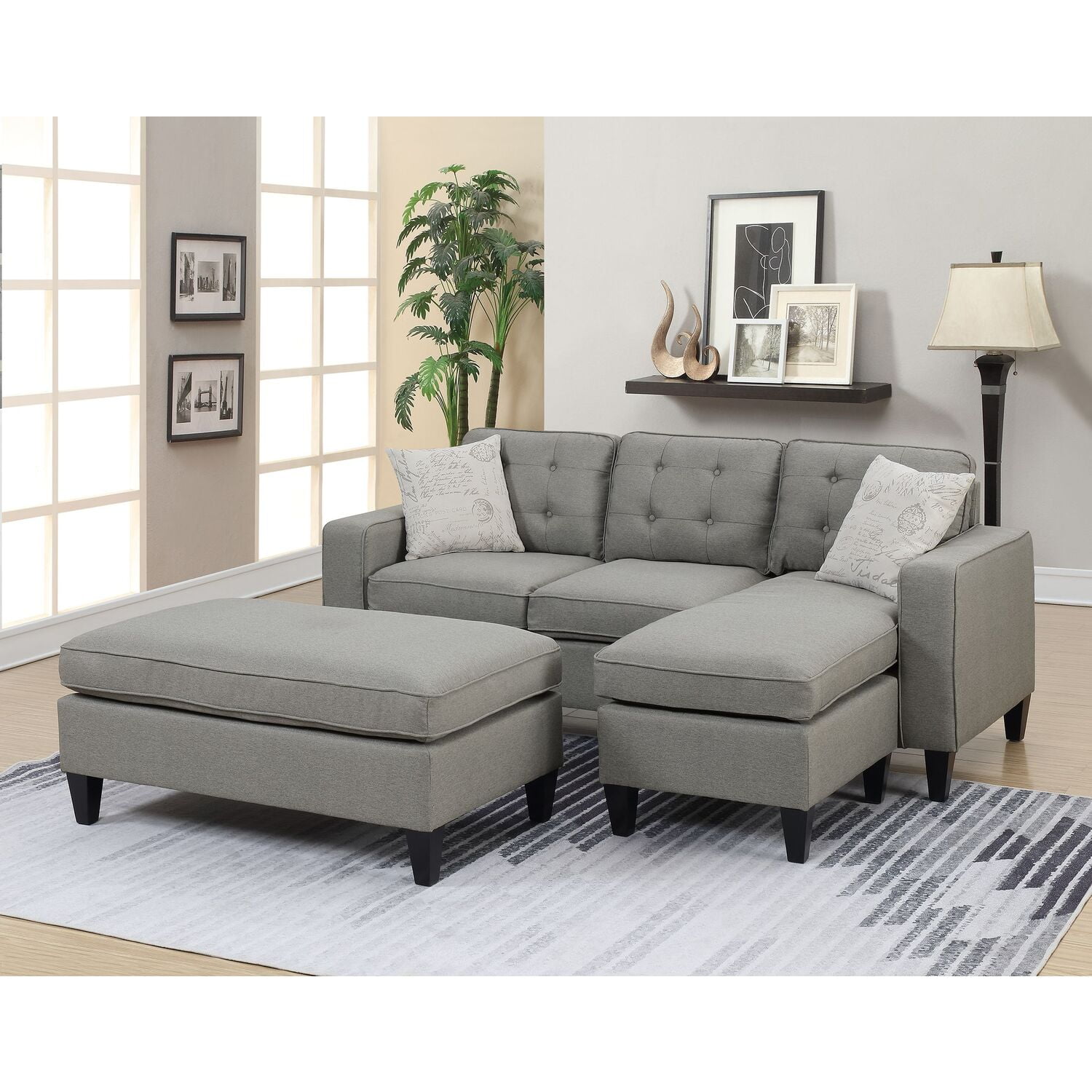 Poundex Fabric Compact Sectional Sofa Set with Cocktail Ottoman in ...