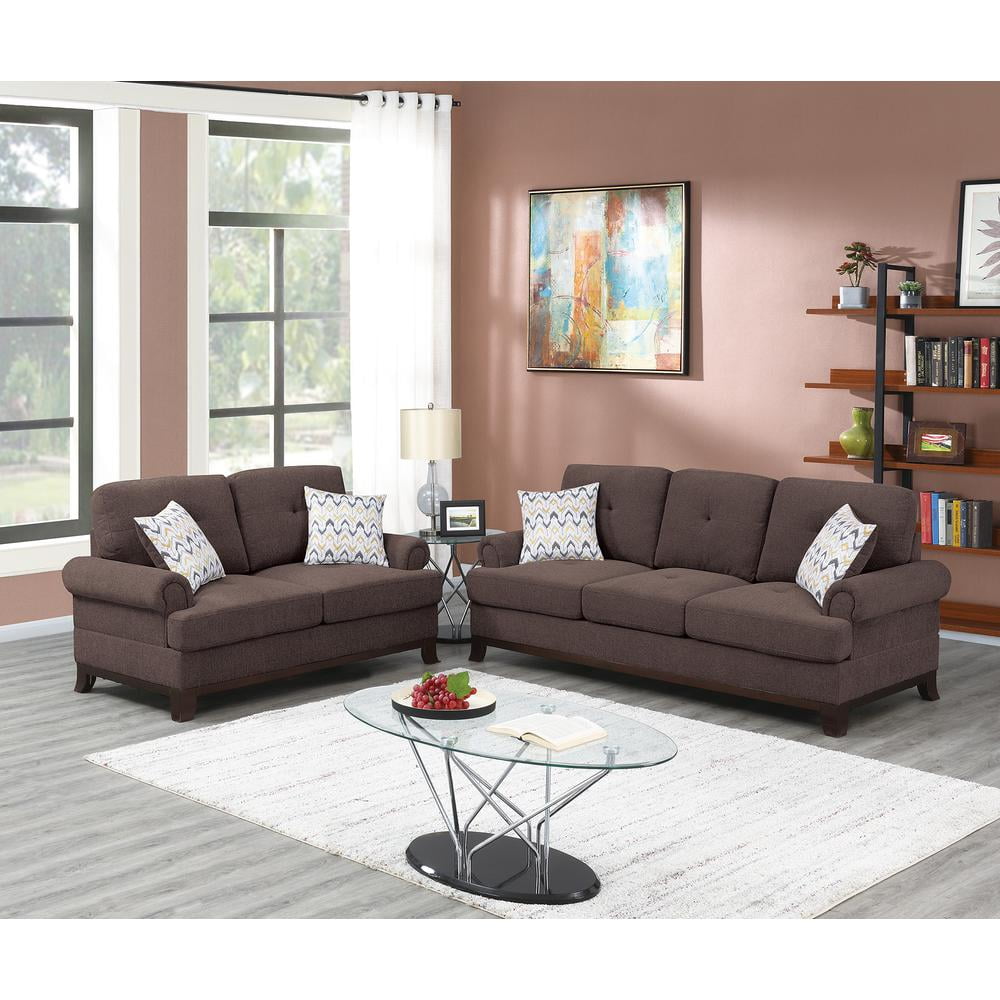 Poundex Furniture 2 Piece Chenille Sofa and Loveseat Set in Dark Coffee ...