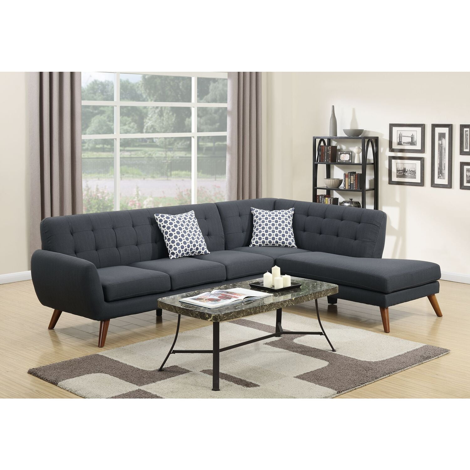 Poundex Furniture 2 Piece Fabric Sectional Sofa Set in Ash Black ...