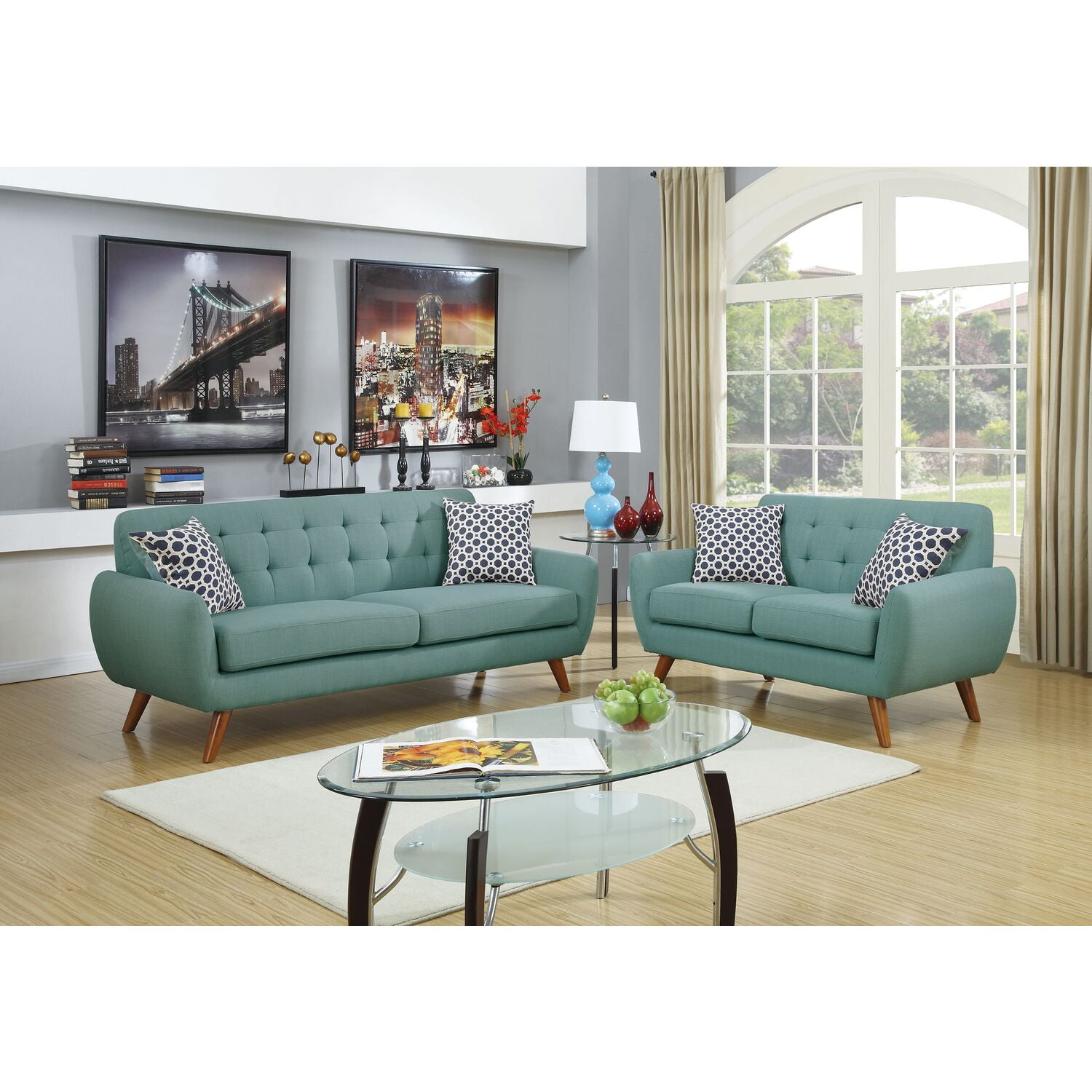 Poundex Furniture 2 Piece Fabric Sofa Loveseat Set in Laguna Blue Color ...
