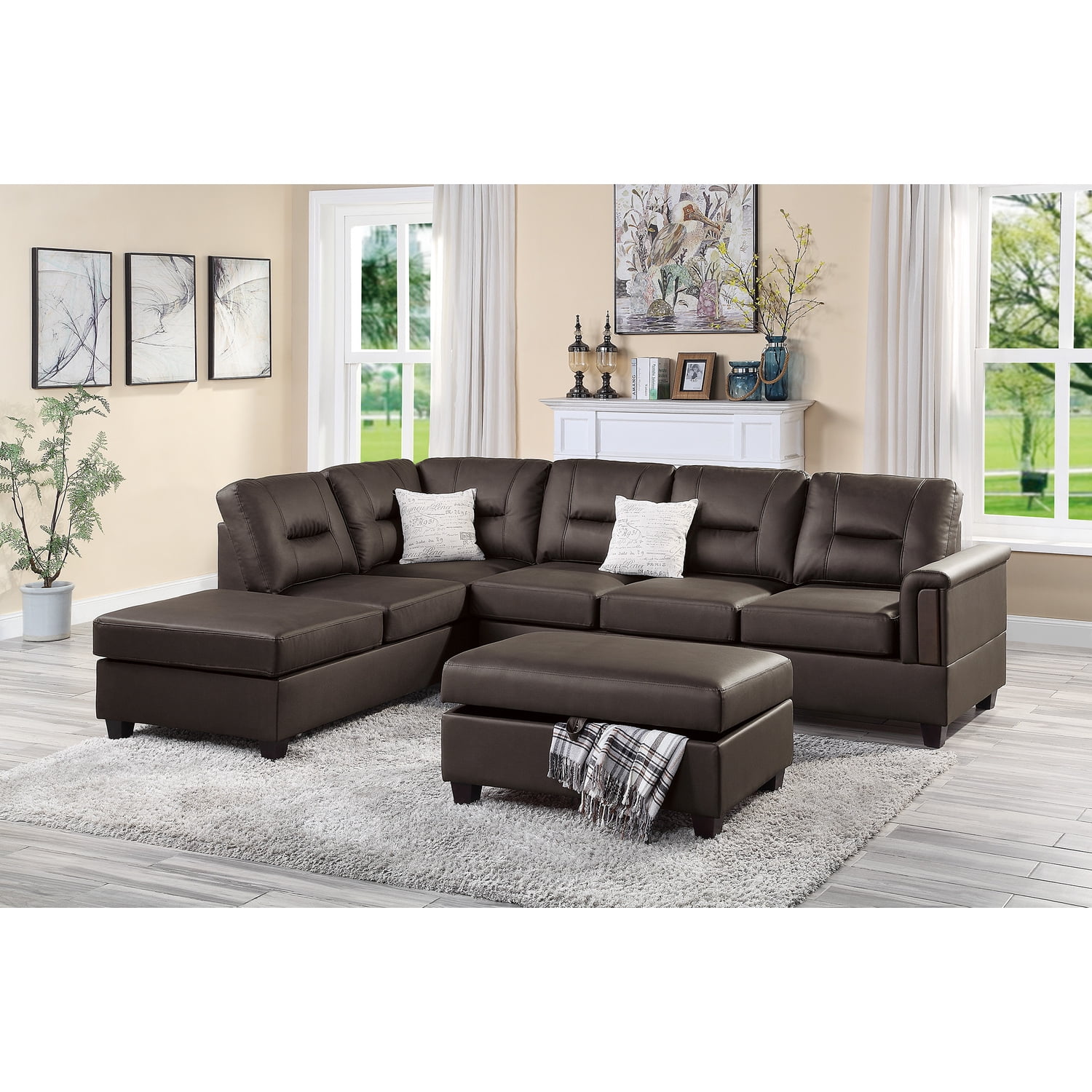 Poundex Furniture Faux Leather Fabric 3-Pc Sectional in Espresso ...